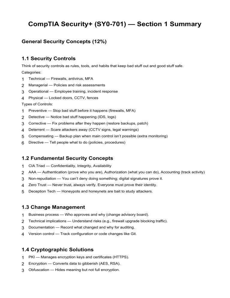 Comptia Security Sy0 701 Section 1 Summary General Security Concepts