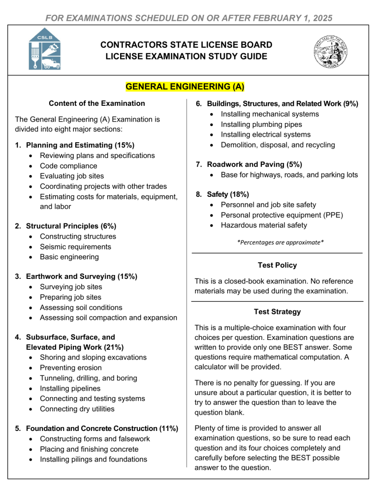 CSLB General Engineering (A) License Exam Study Guide 2025
