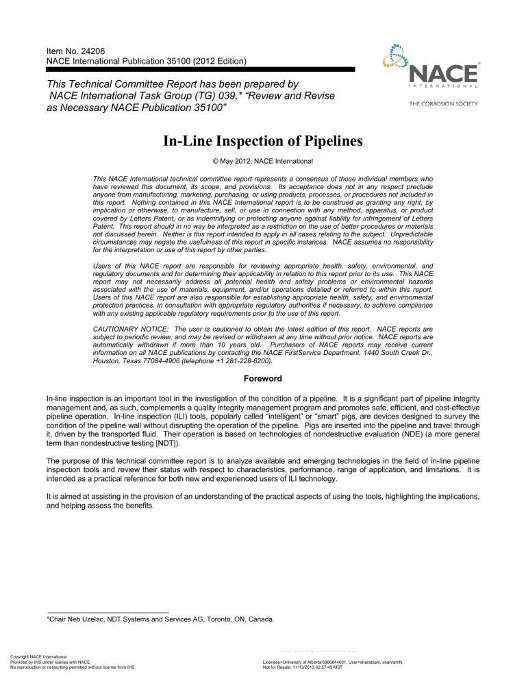 NACE 35100: In-Line Pipeline Inspection Tools & Technologies
