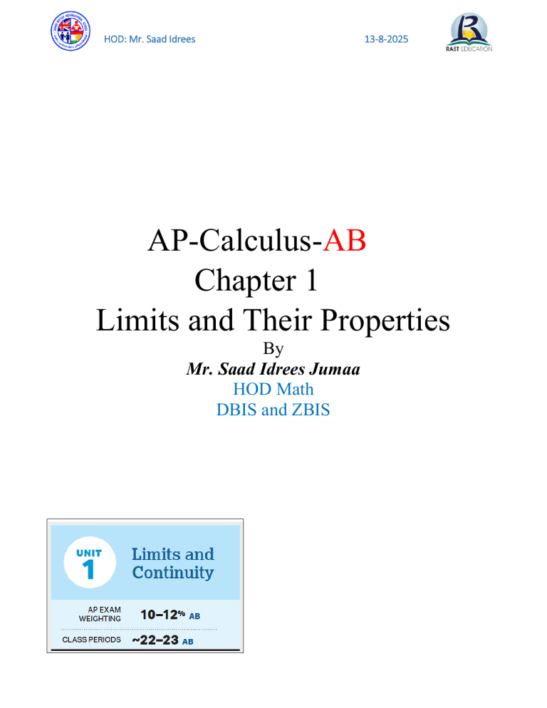 AP Calculus AB: Chapter 1 - Limits and Their Properties by Saad Idrees