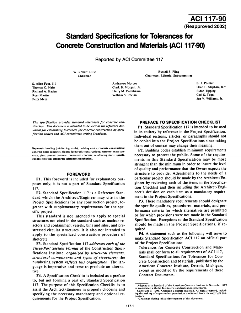 ACI 117-90: Standard Tolerances for Concrete Construction & Materials