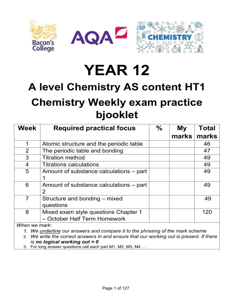 A-level Chemistry AS Exam Practice Booklet: Atomic Structure & Bonding