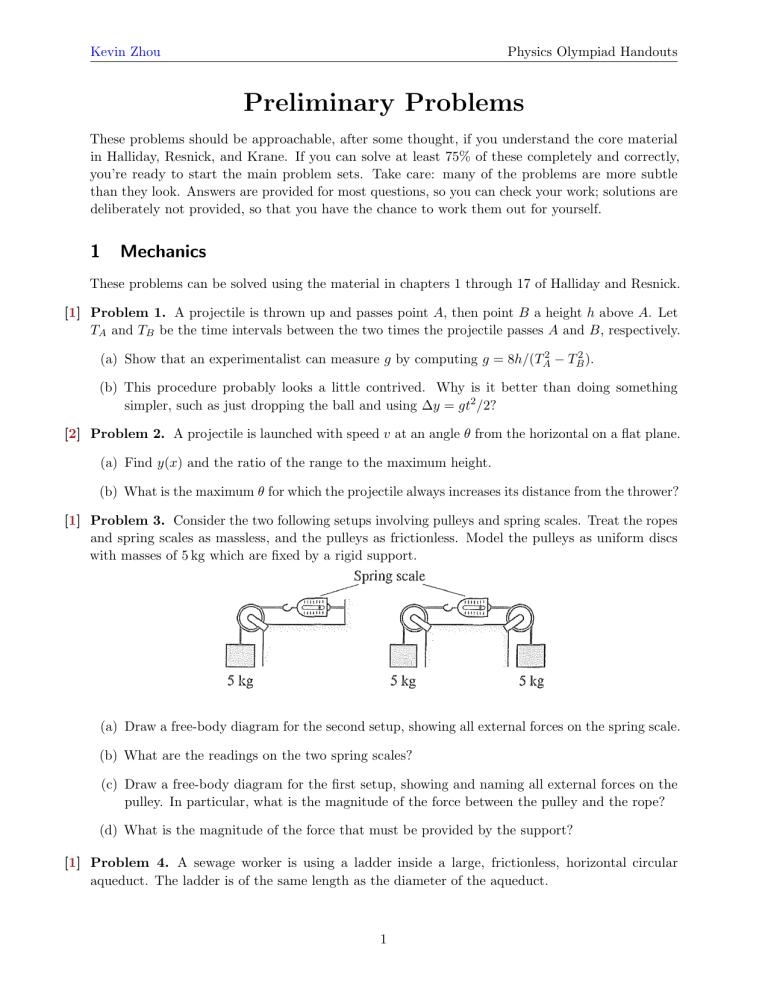 Physics Olympiad Mechanics Problems Handout