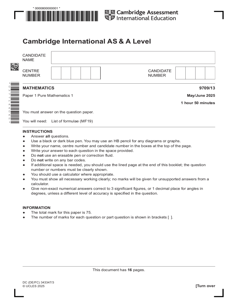 Cambridge A Level Mathematics 9709/13 Exam Paper