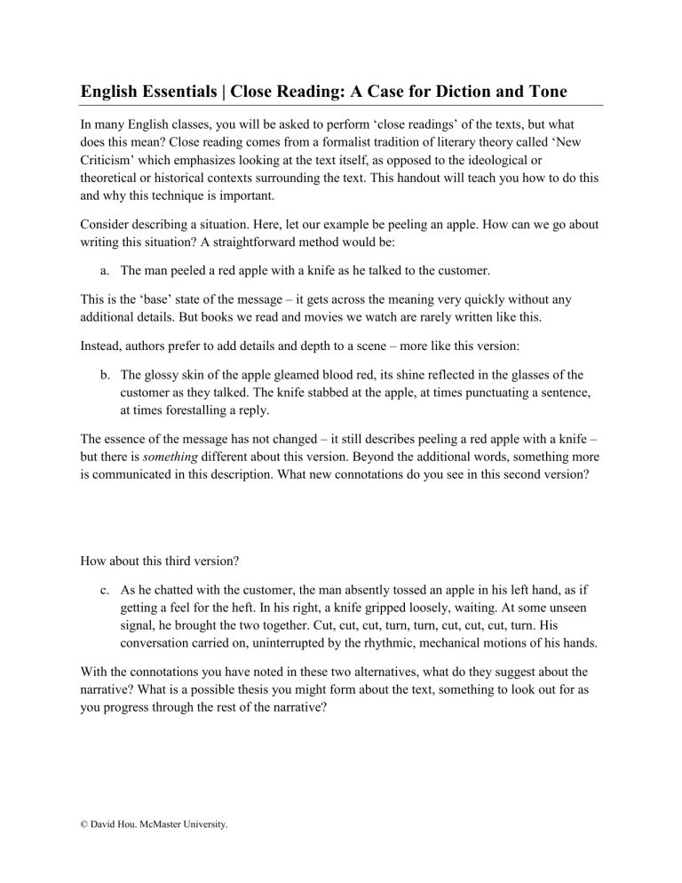 English Essentials: Close Reading, Diction, and Tone Analysis Guide