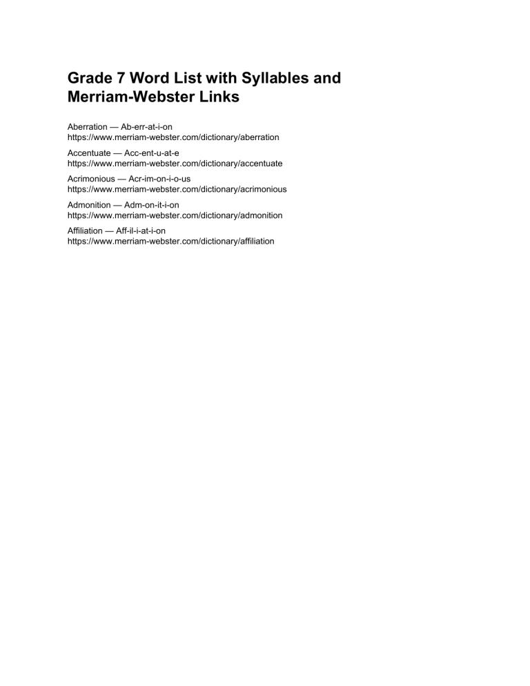 Grade 7 Word List with Syllables & Merriam-Webster Dictionary Links