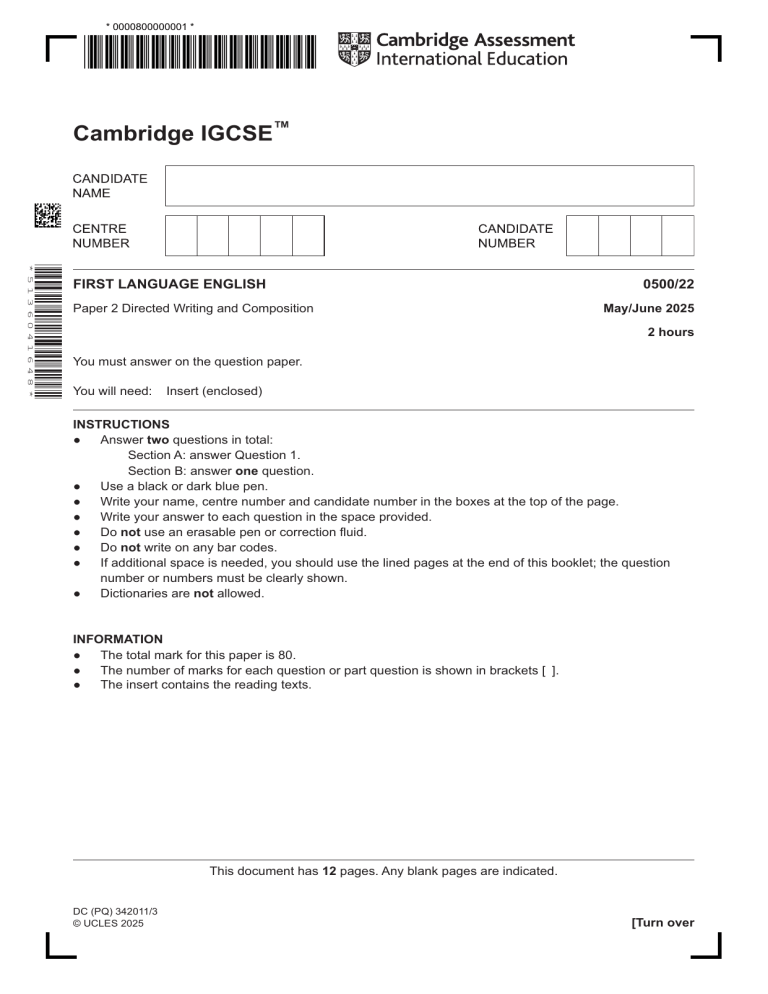 Cambridge IGCSE First Language English Paper 2 May/June 2025