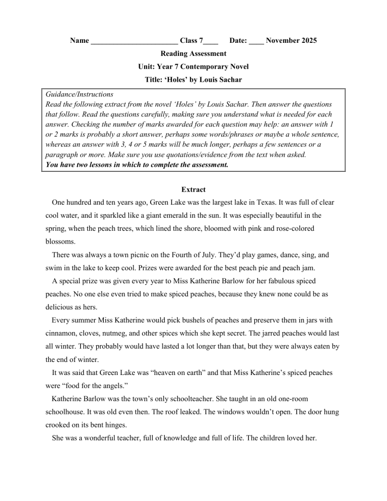 Year 7 Reading Assessment: 'Holes' by Louis Sachar Extract & Questions