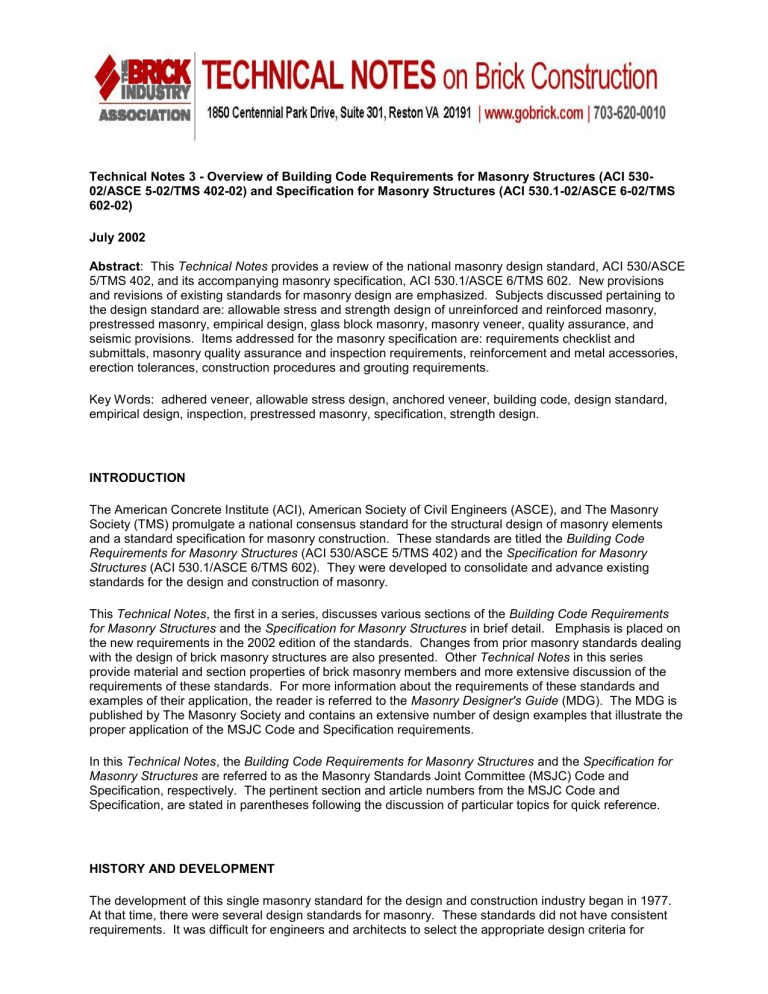 Masonry Building Code Requirements & Specifications (ACI 530/ASCE 5/TMS ...
