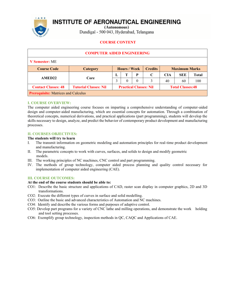 Computer Aided Engineering (CAE) Course Content | ME V Semester