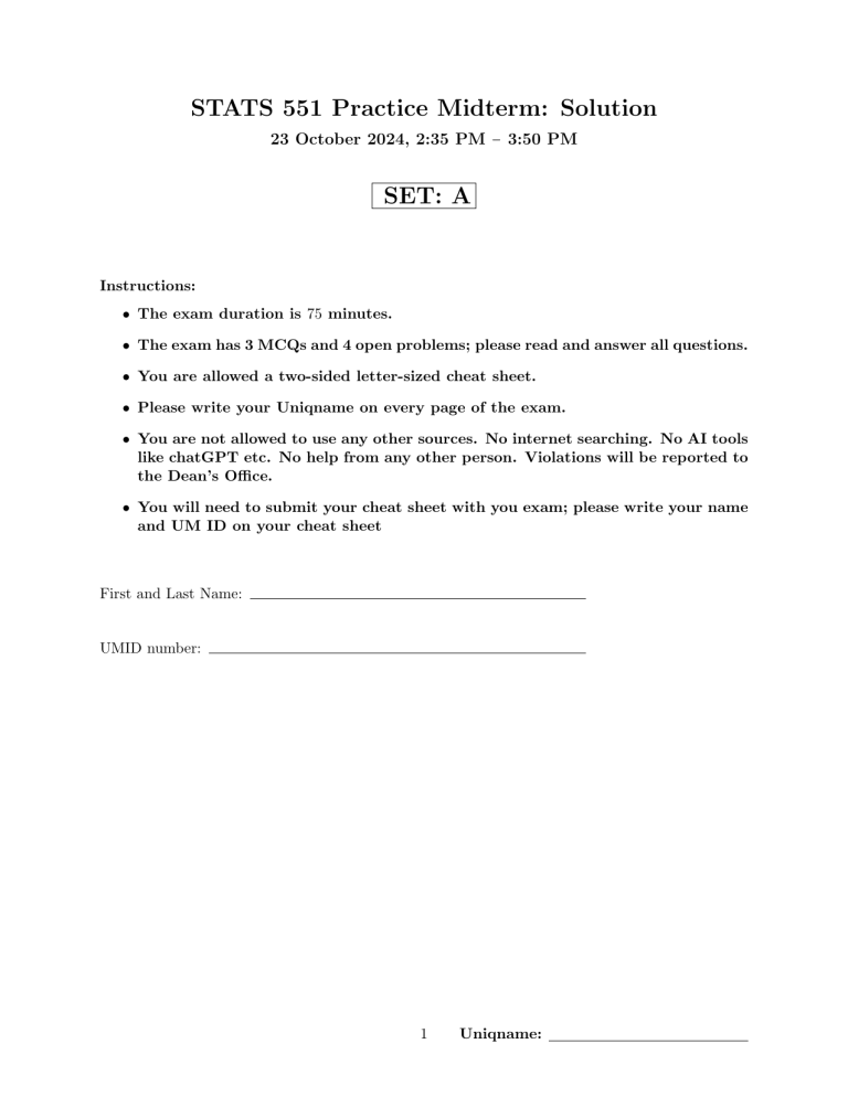 STATS 551 Practice Midterm Solution | University Statistics Exam