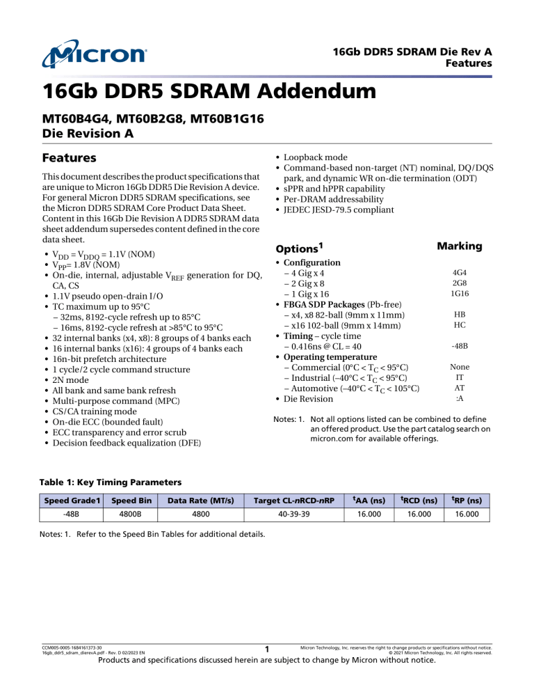 Micron 16Gb DDR5 SDRAM Die Rev A Addendum: Features & Specs