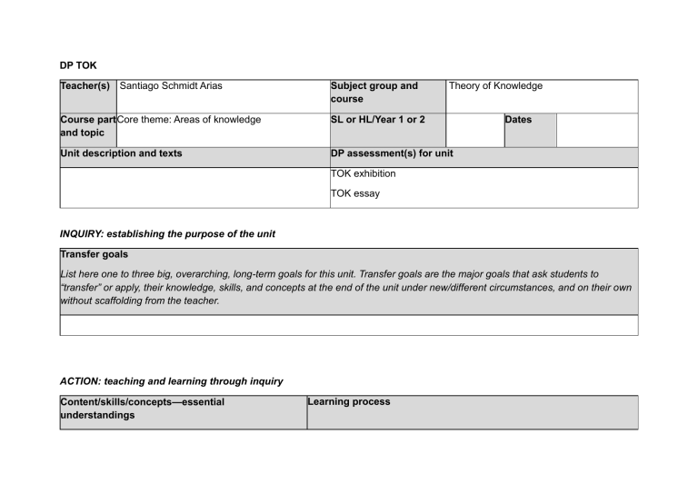 DP TOK Unit Plan: Core Theme Areas of Knowledge | IB Curriculum