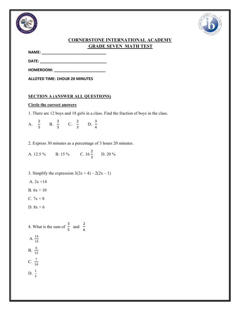 Grade 7 Math Test - Fractions, Algebra, Statistics