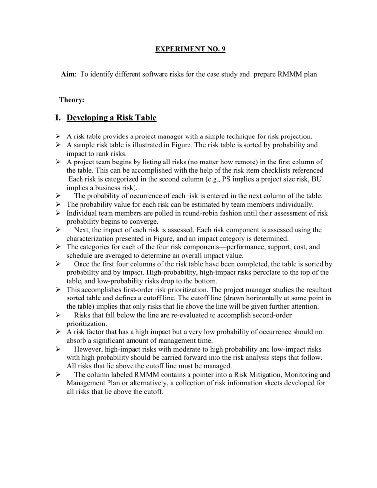 Software Risk Management & RMMM Plan Experiment