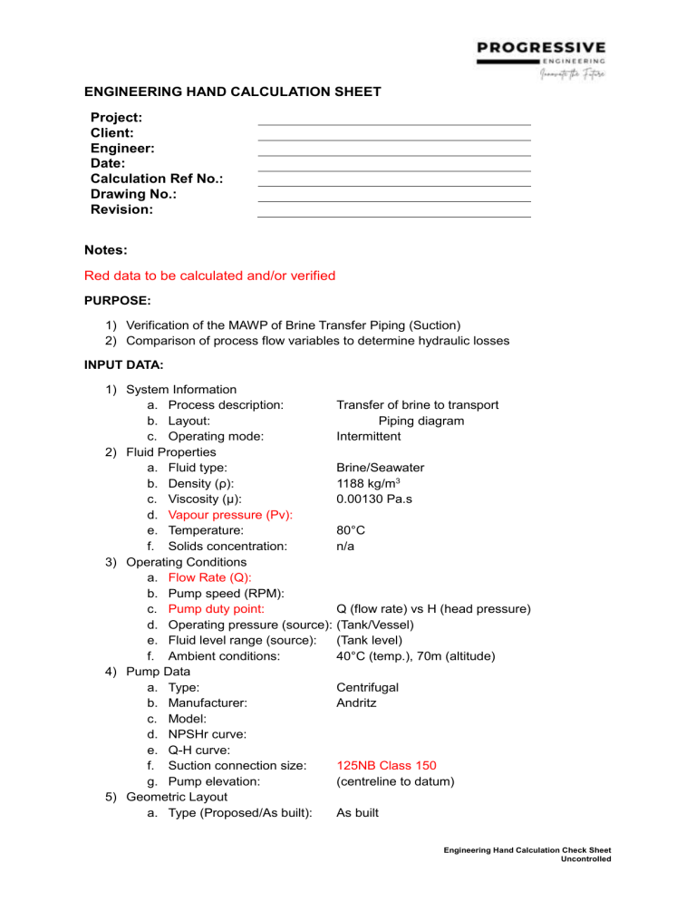 Brine Transfer Piping MAWP Calculation Sheet