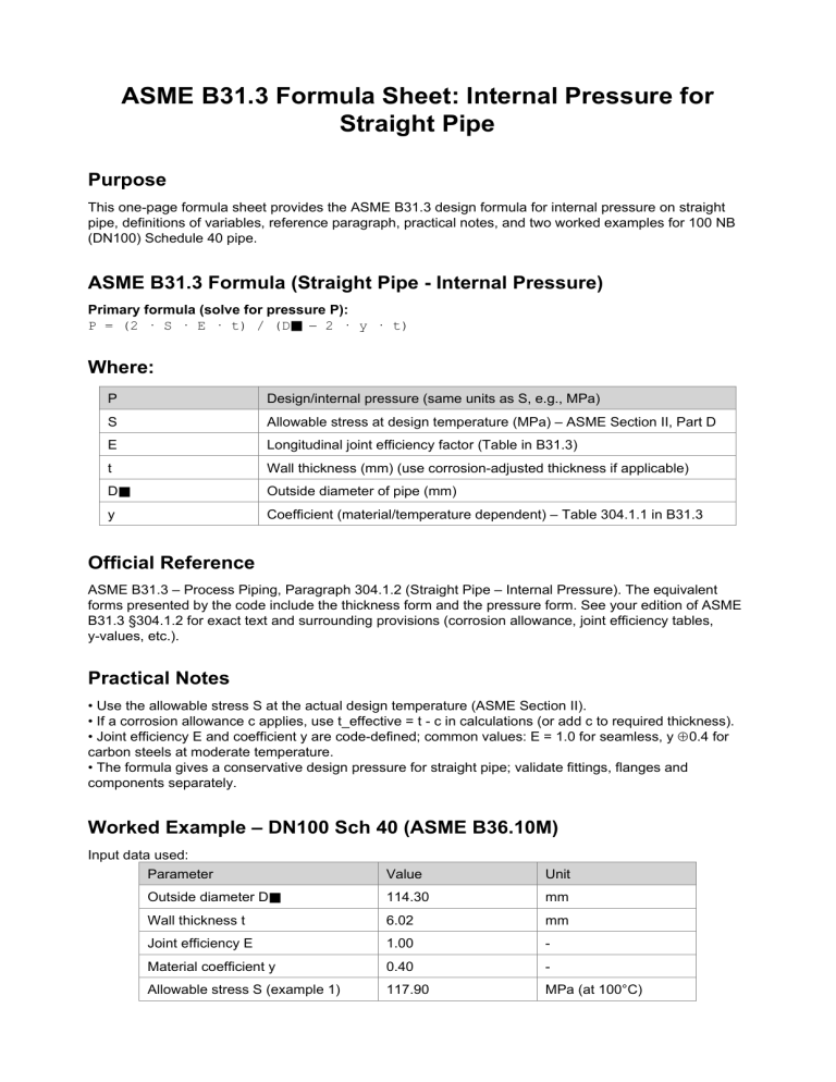 ASME B31.3 Internal Pressure Formula Sheet