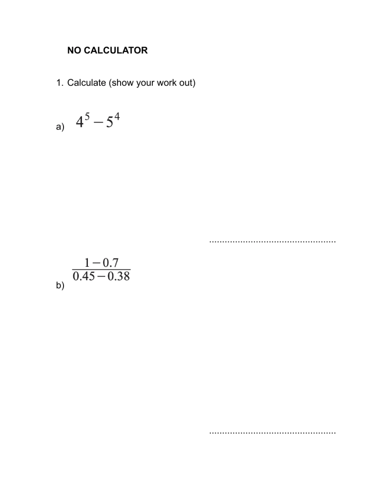 Math Worksheet: Algebra, Geometry & Arithmetic Problems (No Calculator)