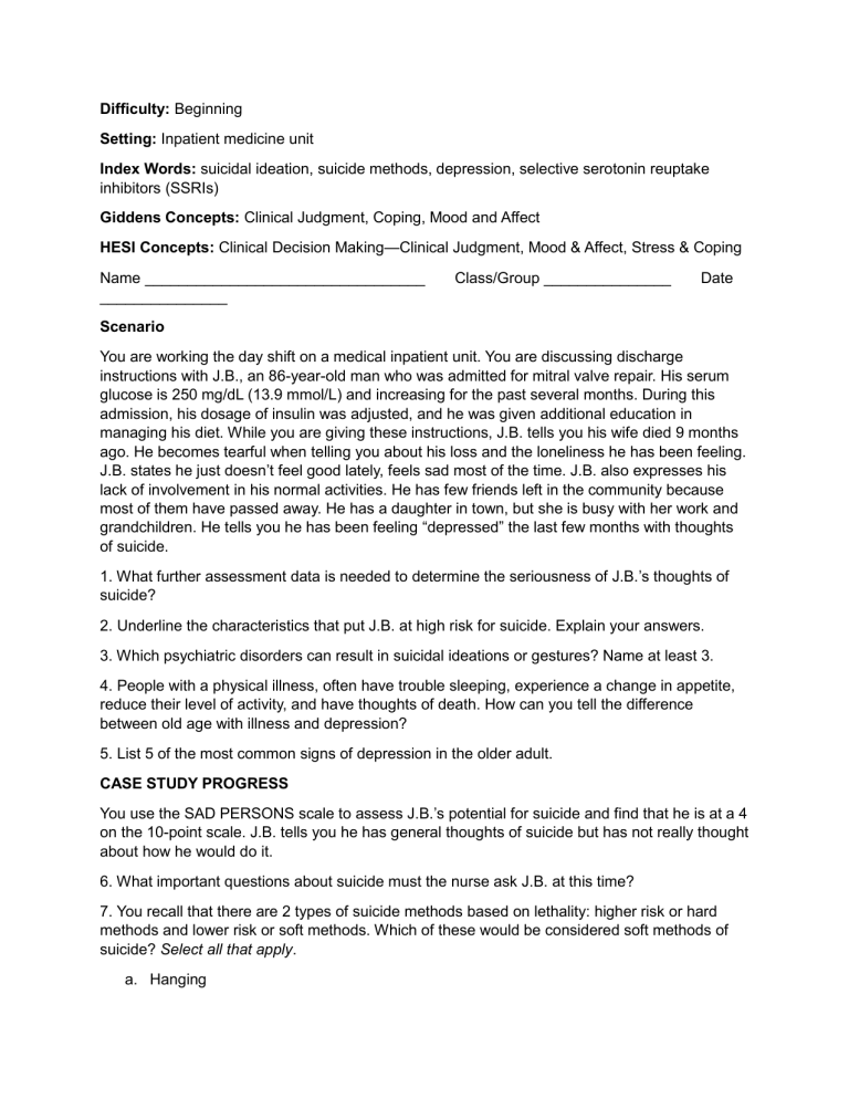 Suicidal Ideation Case Study: Assessment & Interventions