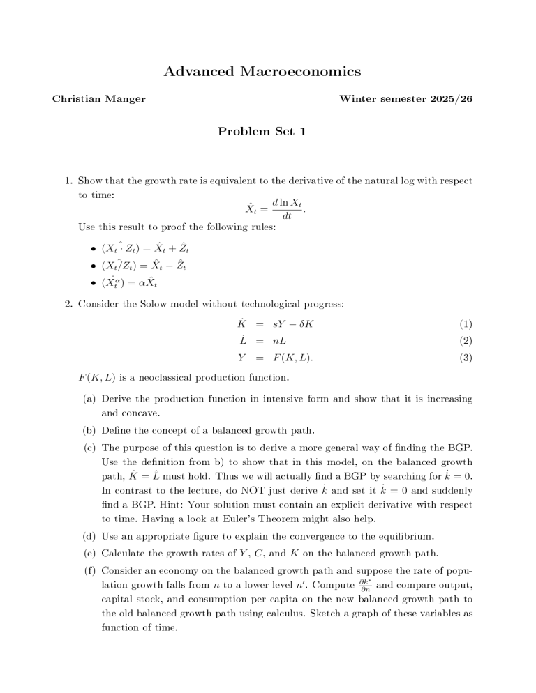 Advanced Macroeconomics Problem Set 1