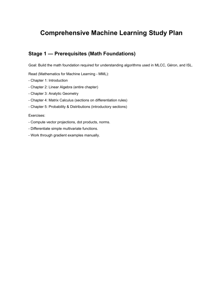 Comprehensive Machine Learning Study Plan: Math to Neural Networks