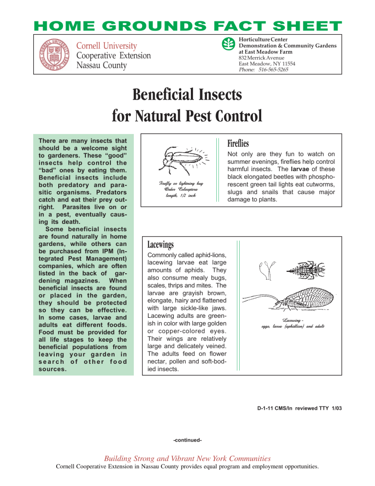 Beneficial Insects for Natural Pest Control | Cornell Fact Sheet