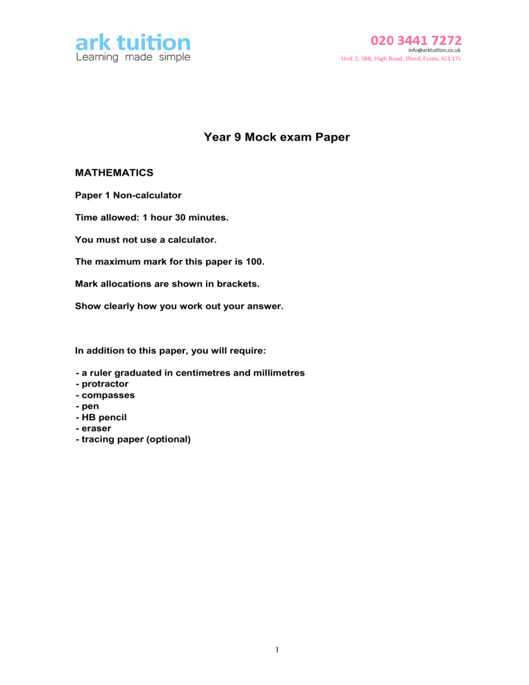 Year 9 Maths Mock Exam Paper (Non-Calculator)
