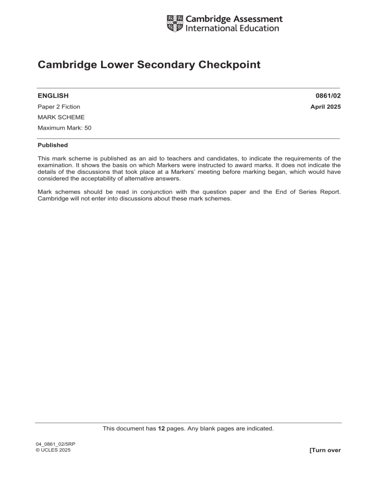 Cambridge Lower Secondary Checkpoint English Paper 2 Fiction Mark Scheme