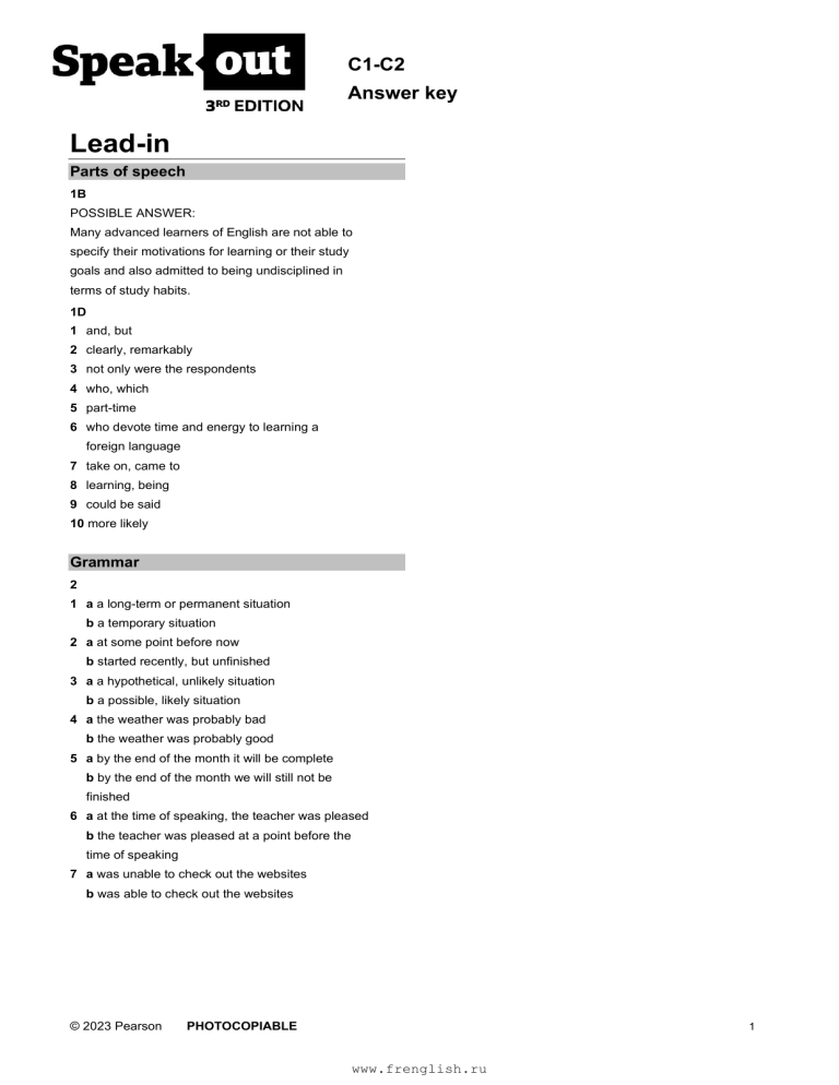 C1-C2 English Answer Key: Grammar & Vocabulary