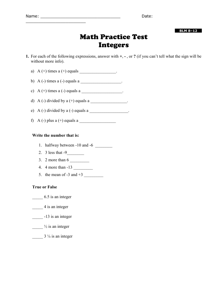 Math Practice Test: Integers - Operations & True/False Questions