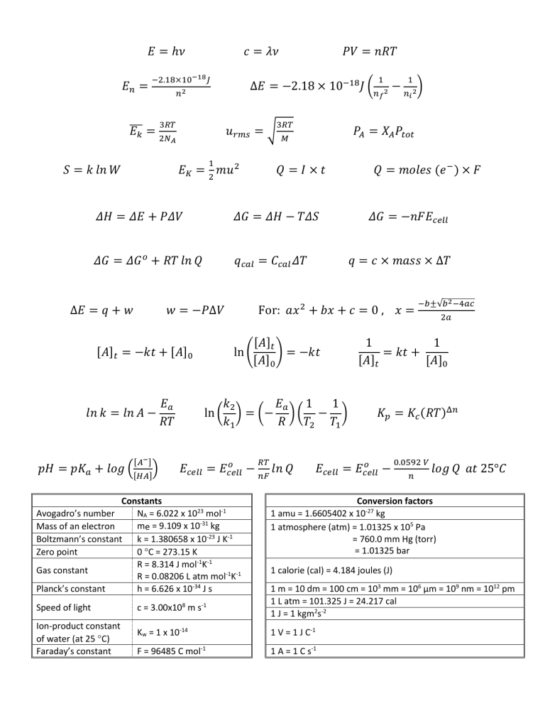 Chemistry & Physics Formulas, Constants, and Conversion Factors