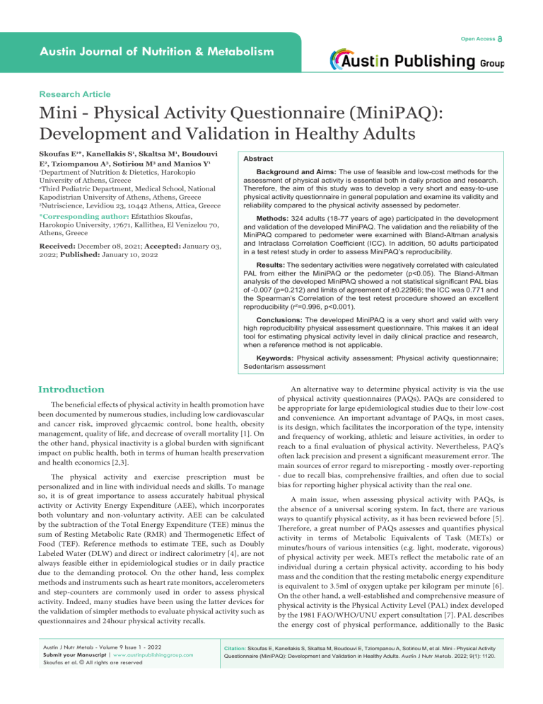 MiniPAQ: Development & Validation of a Physical Activity Questionnaire