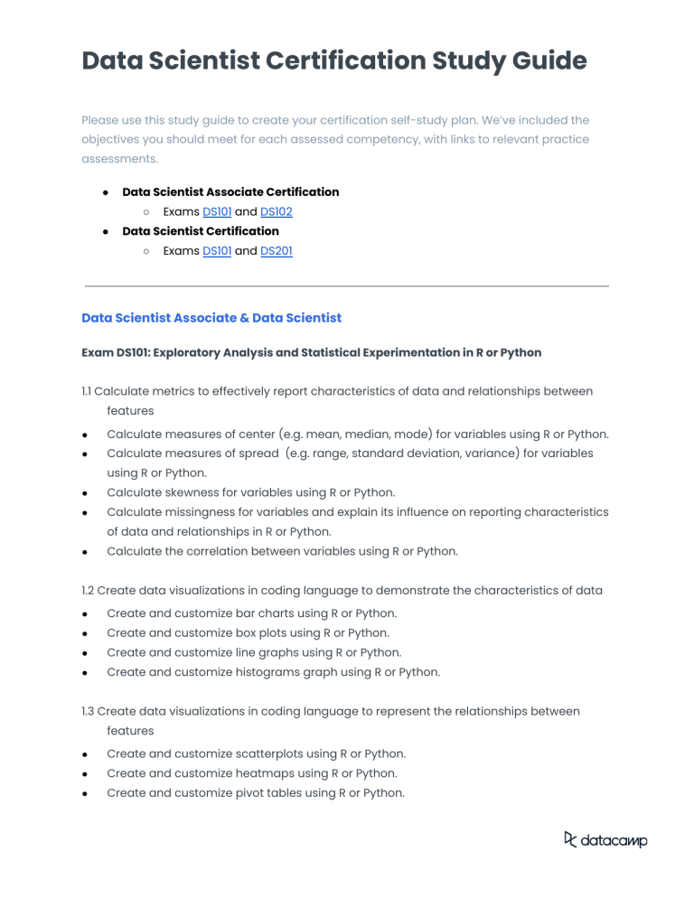 Data Scientist Certification Study Guide: DS101, DS102, DS201 (R/Python)