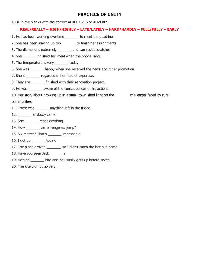 Adjectives & Adverbs Practice: Grammar Worksheet