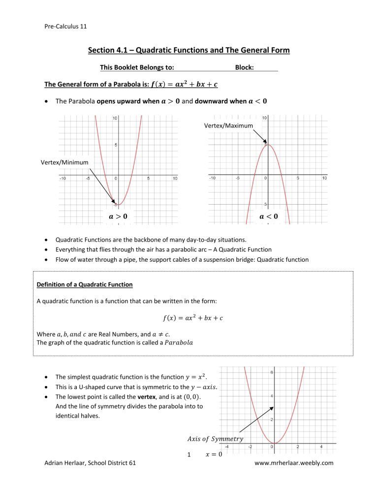 Pre-Calculus 11: Quadratic Functions & General Form - Graphing Guide