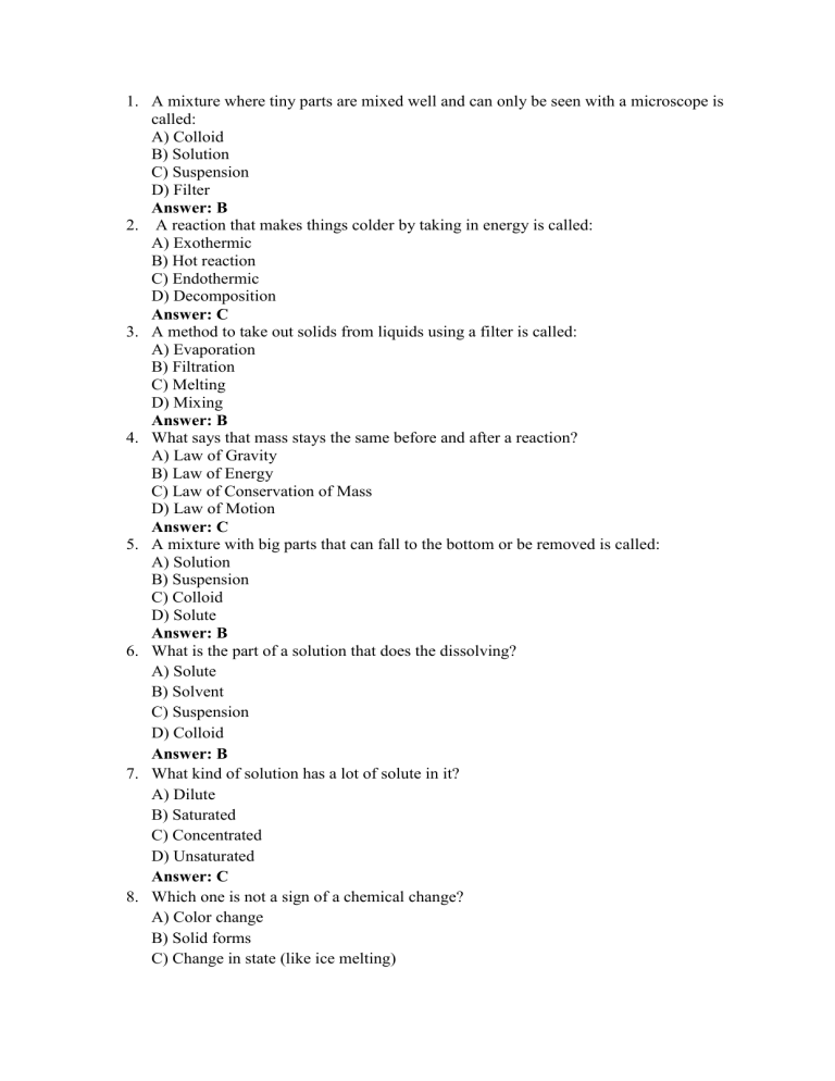 Chemistry Quiz: Mixtures, Reactions, & Changes - High School Level