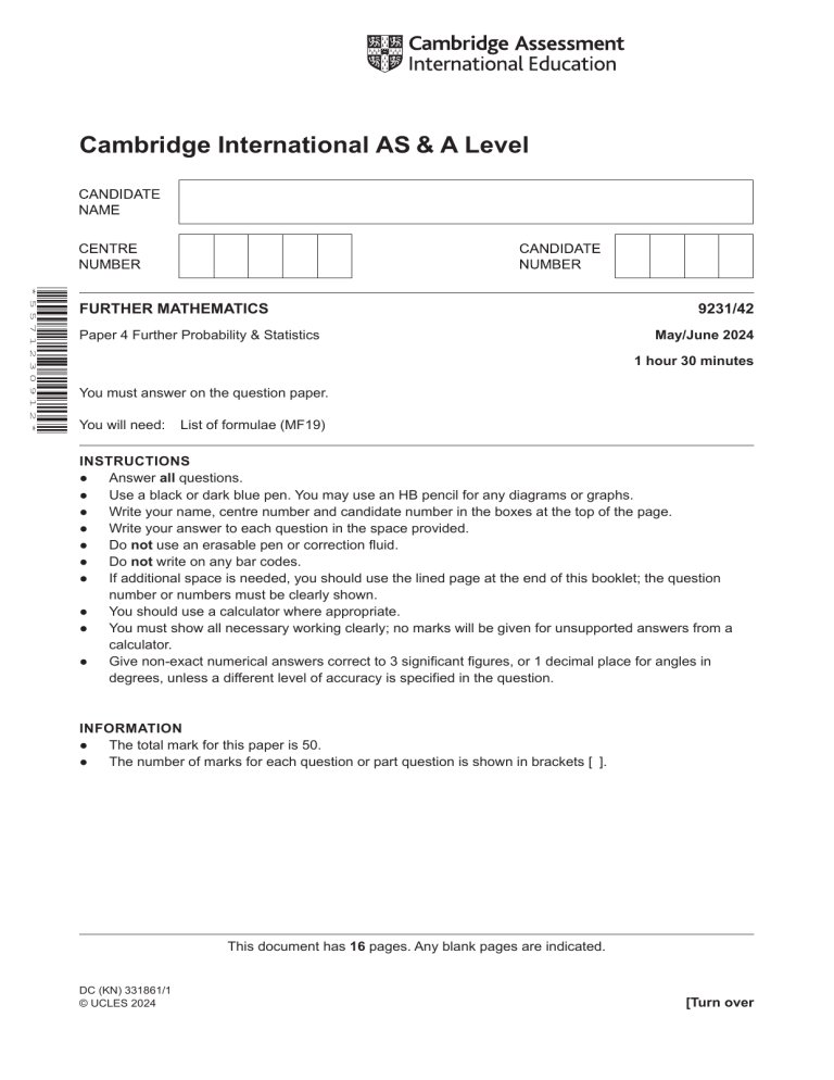 A Level Further Maths: Probability & Statistics Exam