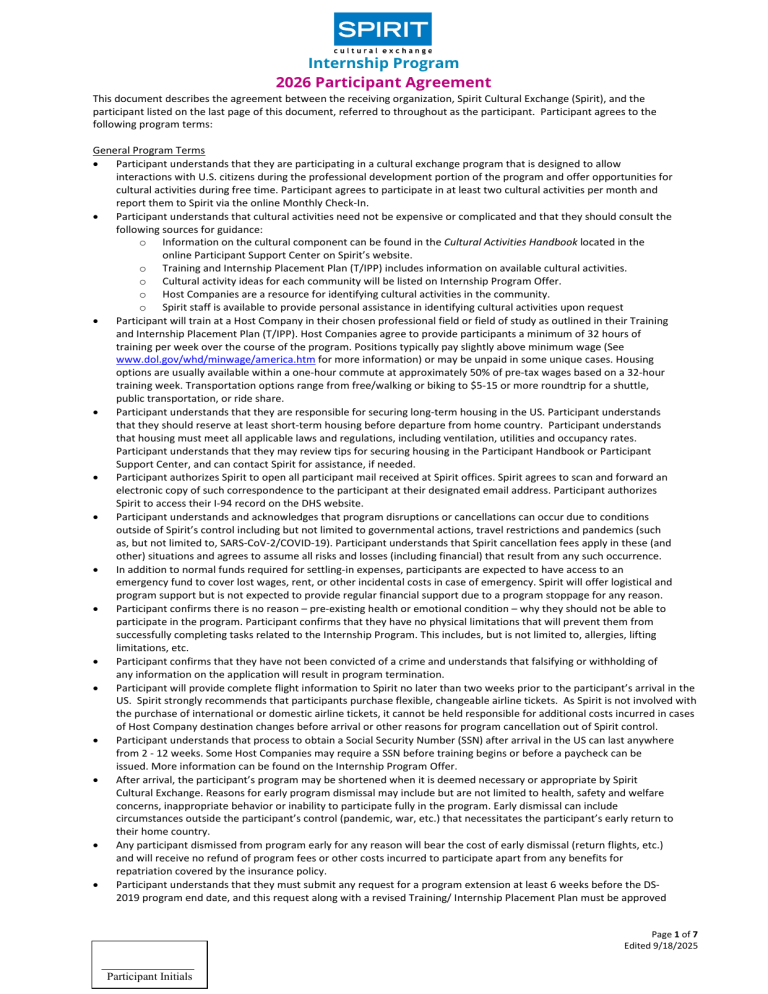2026 Internship Program Participant Agreement