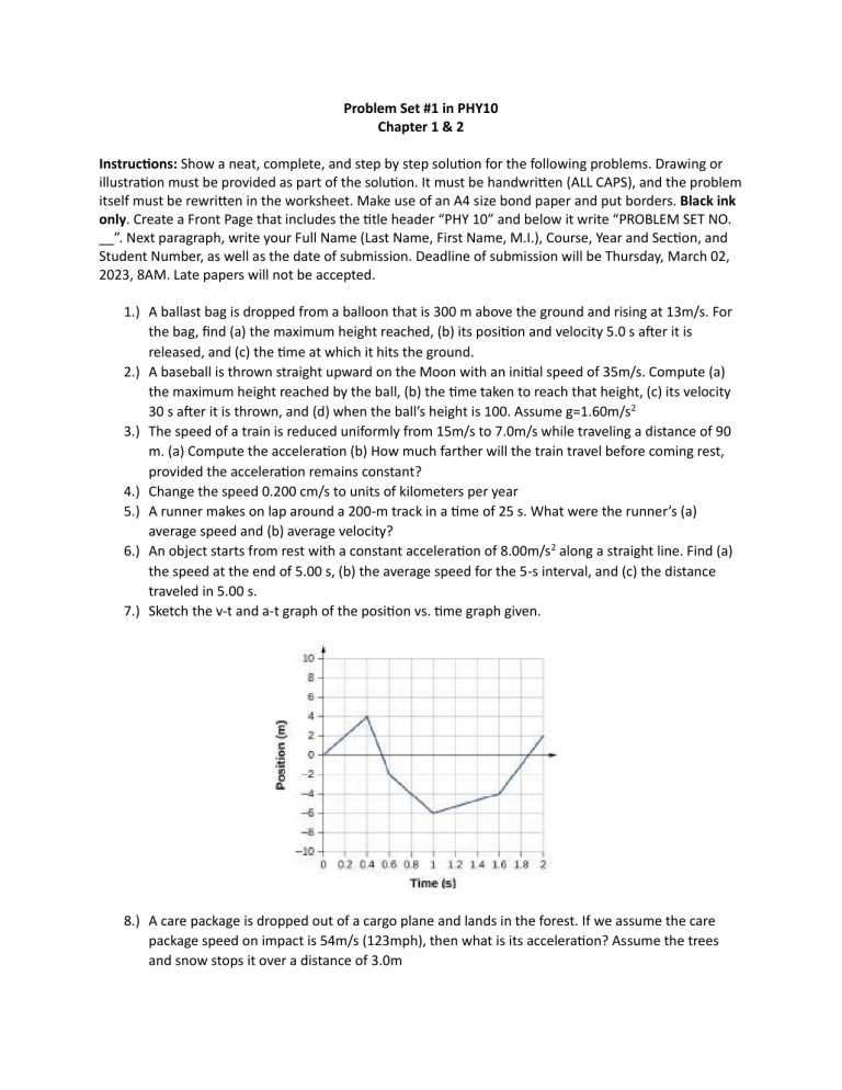 PHY10 Physics Problem Set #1: Kinematics & Dynamics (Chapter 1 & 2)