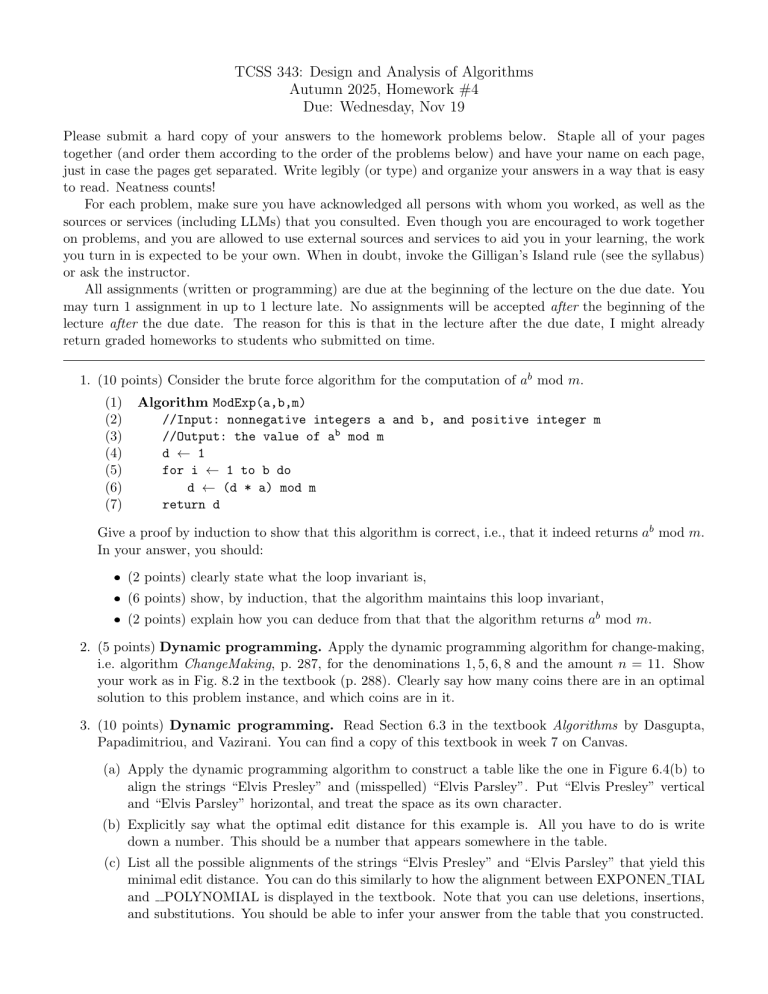TCSS 343 Algorithms Homework #4: ModExp, Change-Making, Edit Distance