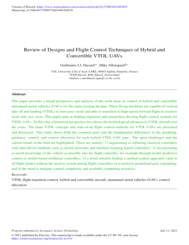 Review of Hybrid & Convertible VTOL UAV Flight Control Techniques