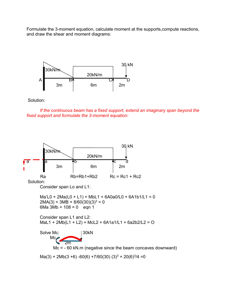 3-Moment Equation for Continuous Beams: Moments, Reactions, Diagrams