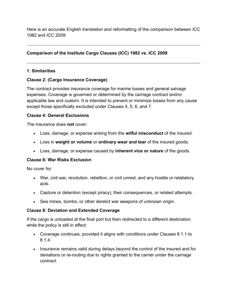 Comparison of ICC 1982 vs. ICC 2009: Cargo Insurance Clauses