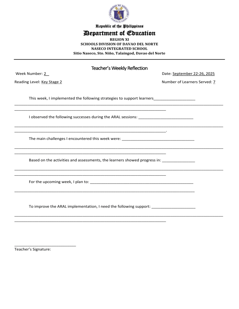 Teacher's Weekly Reflection Form | Reading Intervention Key Stage 2