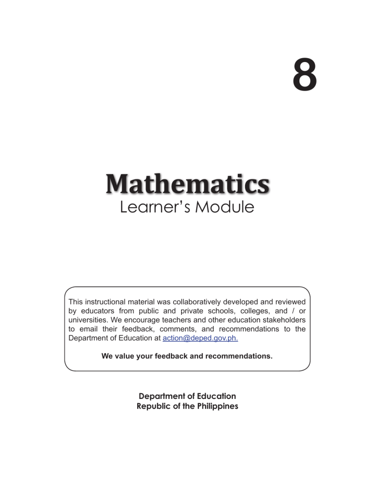 Mathematics Grade 8 Learner's Module: Special Products & Factoring