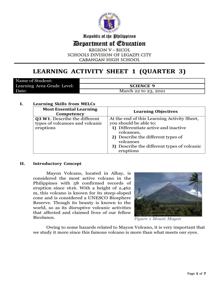 Volcanoes & Eruptions: Science 9 Activity Sheet