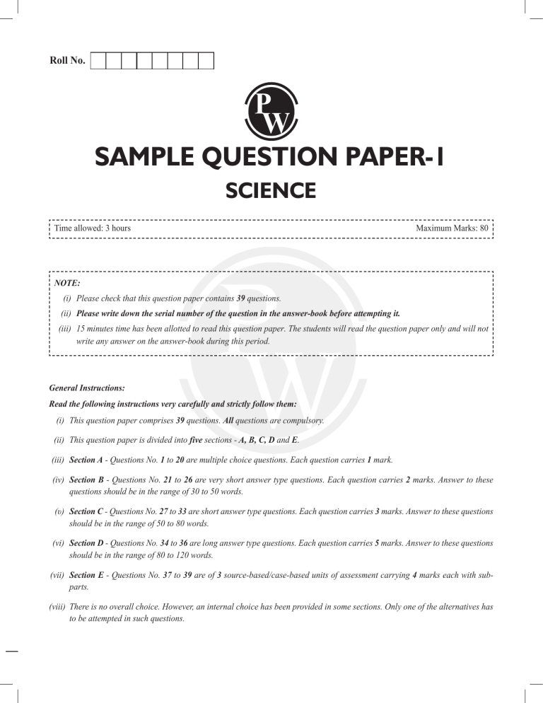 Science Sample Question Paper - High School