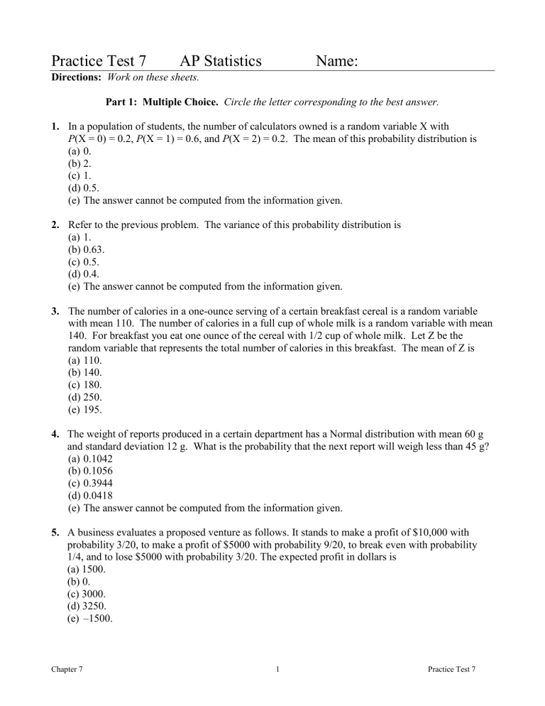 AP Statistics Practice Test 7: Probability & Random Variables