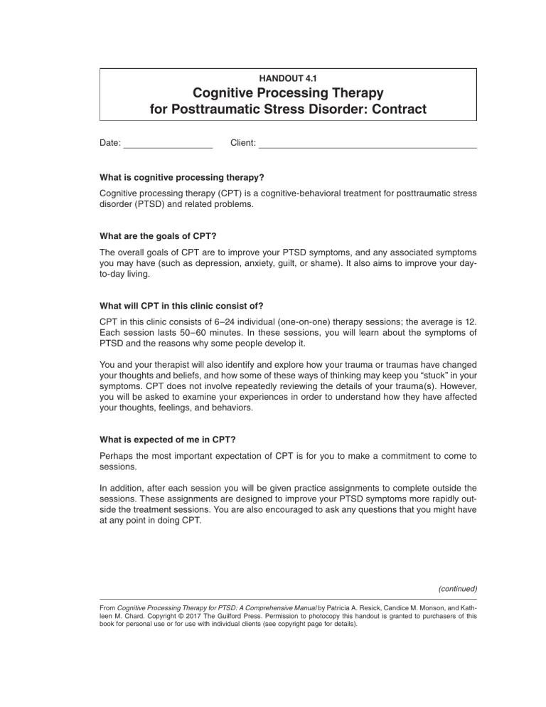 CPT for PTSD: Therapy Contract & Information