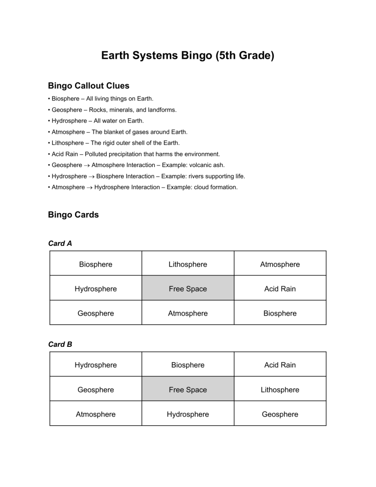 Earth Systems Bingo (5th Grade) - Educational Game & Clues